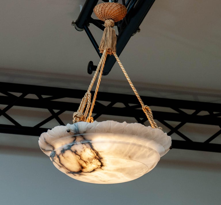 Early 1900s White Alabaster Arts and Crafts Pendant with Original Rope ...