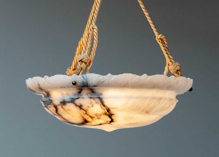 Early 1900s White Alabaster Arts and Crafts Pendant with Original Rope ...