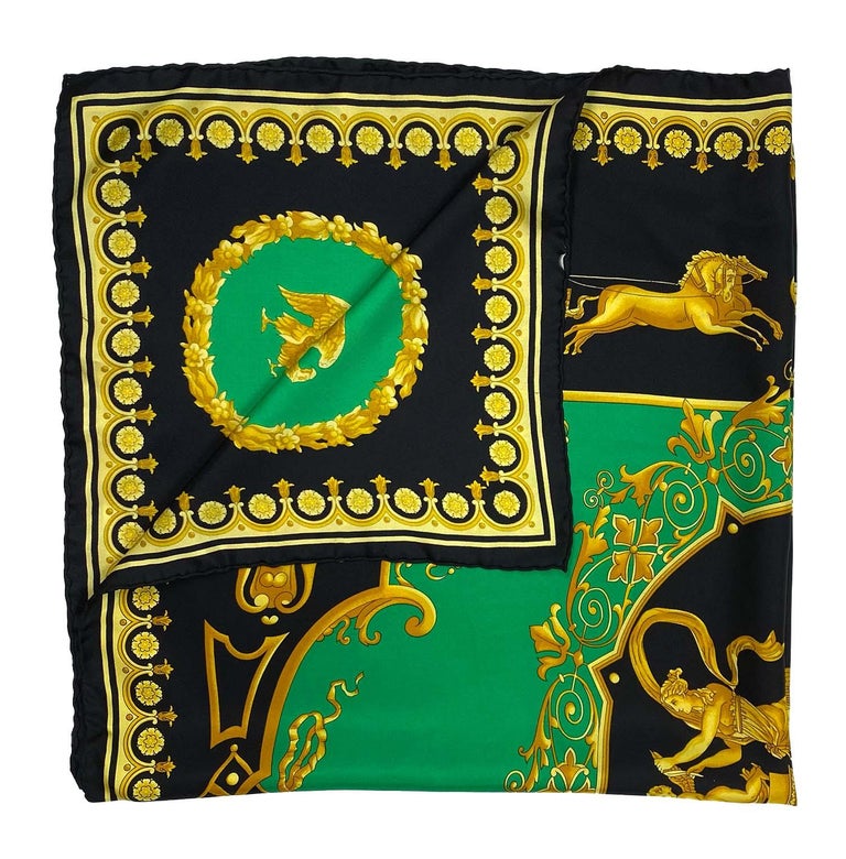 Early 1990s Atelier Versace Green and Gold Baroque Print Square Silk ...