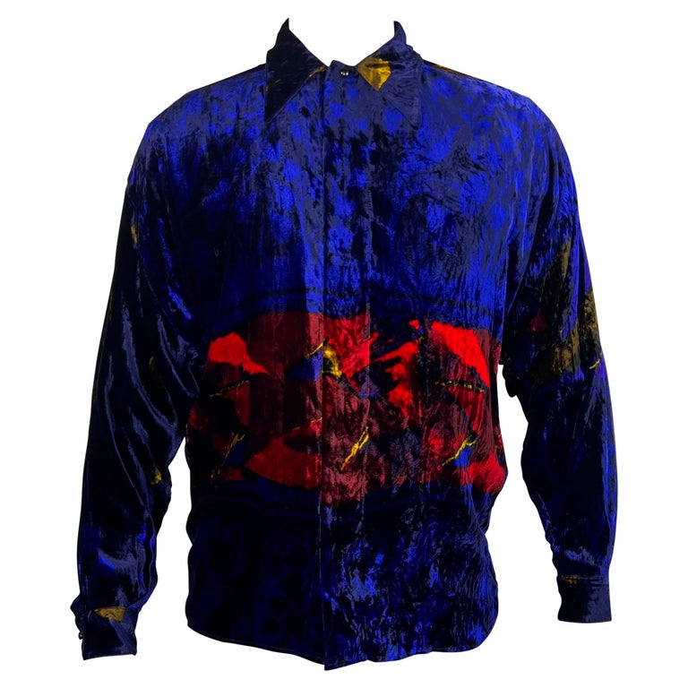 Early 1990s Gianni Versace Men's Dark Blue Velvet Abstract Print Button ...