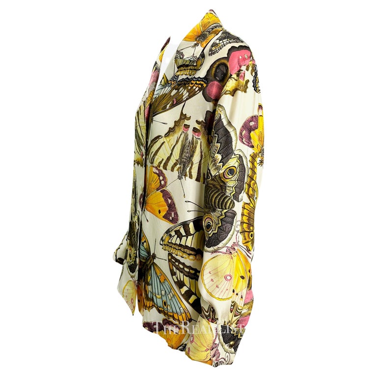Early 1990s Gucci Butterfly Print Multicolor Silk GG Cufflink Blouse ...