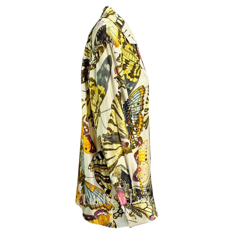 Early 1990s Gucci Butterfly Print Multicolor Silk GG Cufflink Blouse ...