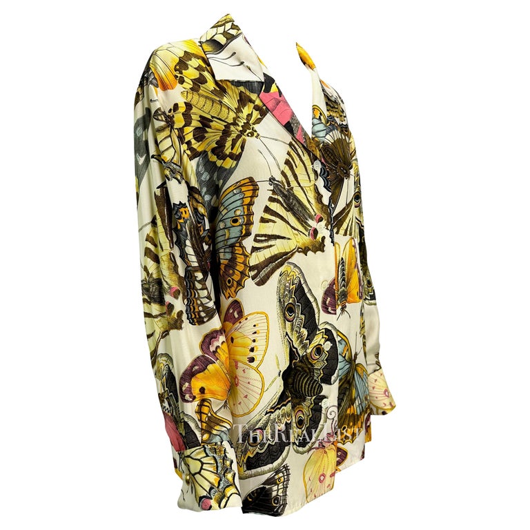Early 1990s Gucci Butterfly Print Multicolor Silk GG Cufflink Blouse ...