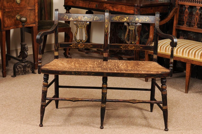 Early 19th Century Black Painted Bench with Lyre-Form Backs-Plats and ...