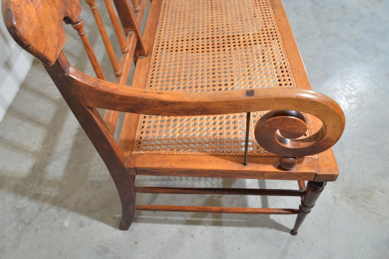 Early 19th Century Burlwood Maple Dowel Leg Caned Bench at 1stDibs