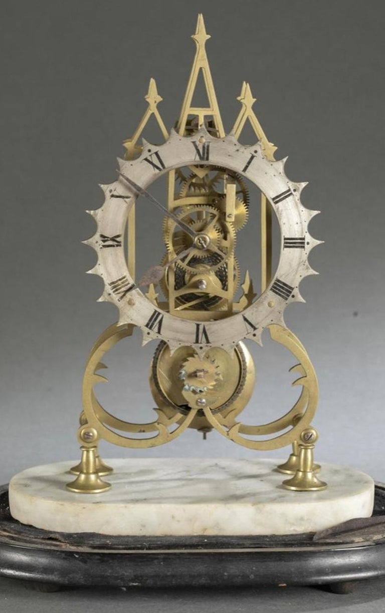 Early 19th Century Gothic Brass Skeleton Clock on Marble Base with ...