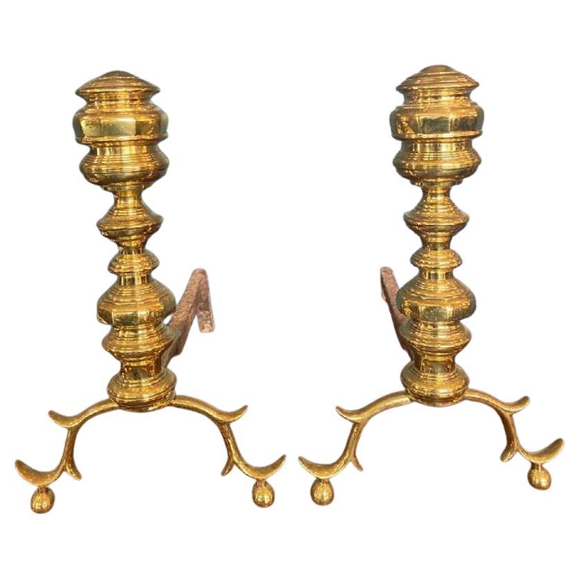 Pair of Early 20th Century American Brass Andirons with Lion Face on ...