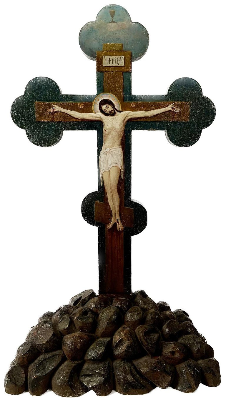Early 19th Century Painted Russian Icon Crucifix For Sale at 1stDibs