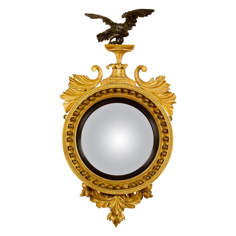 Early 19th Century Regency Eagle Round Gilt and Ebonized Wood Convex ...