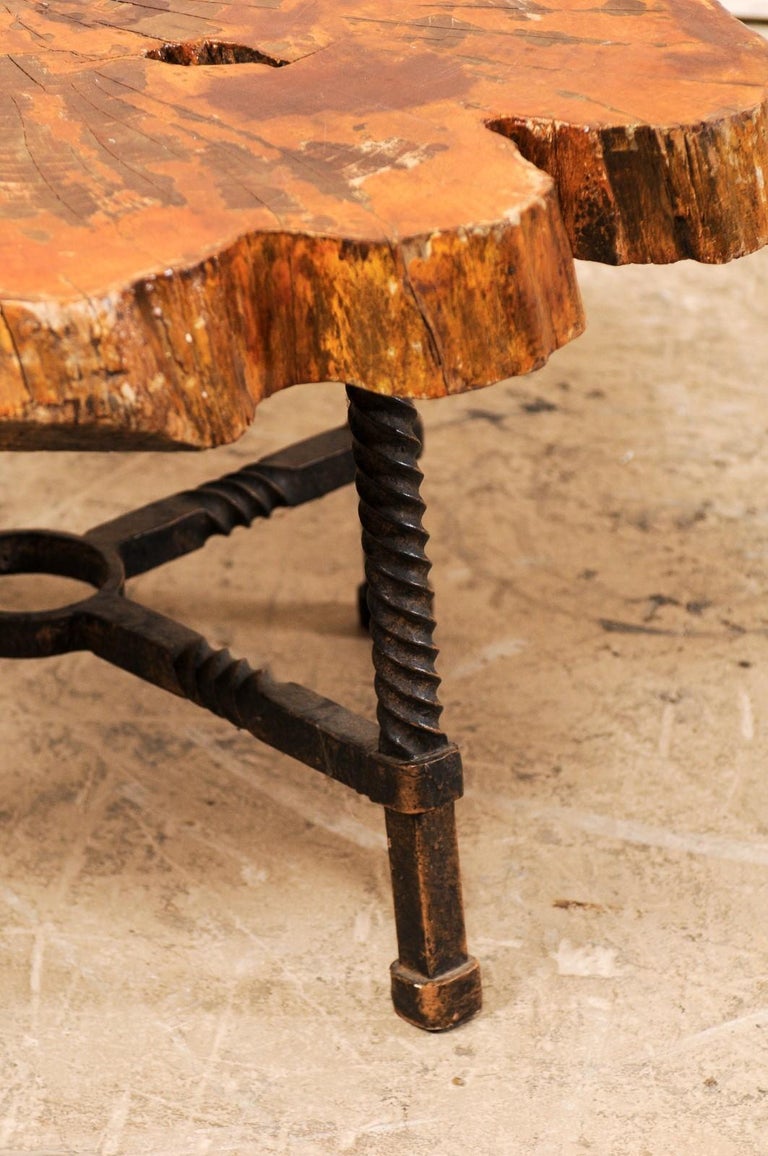 Early 19th Century Spanish Wood Slab Coffee Table with Hand Forged Iron ...