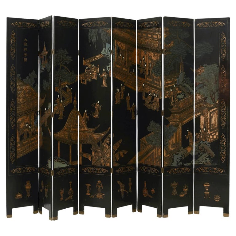 Early 19Th Ctr. Chinese Export Eight-Fold Lacquered Screen For Sale at ...