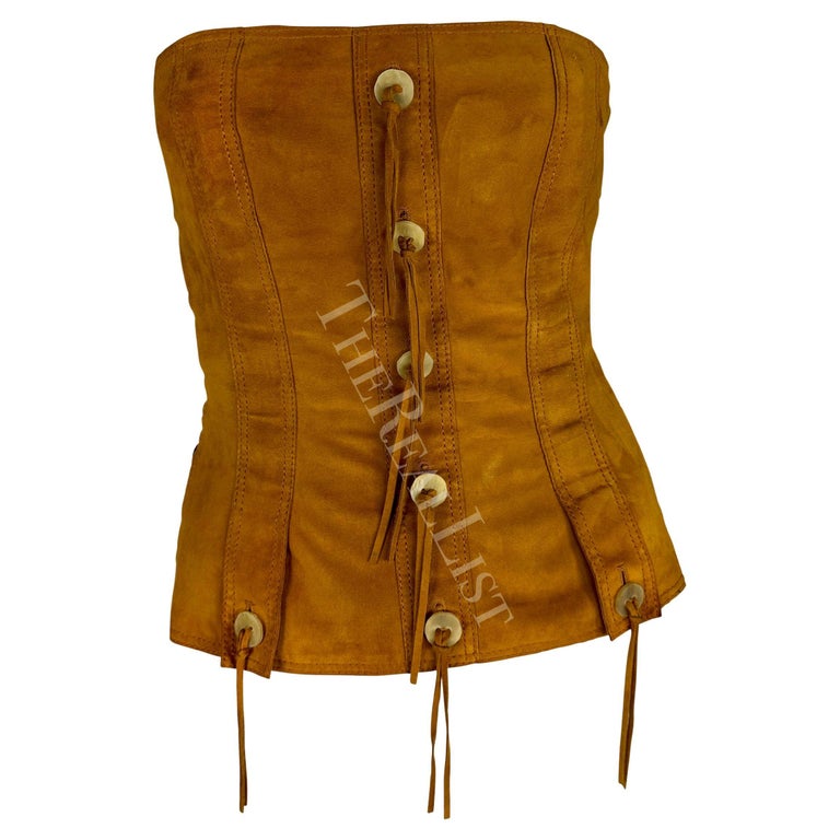 Early 2000s Dolce and Gabbana Tan Suede Stretch Fringe Tube Top For ...