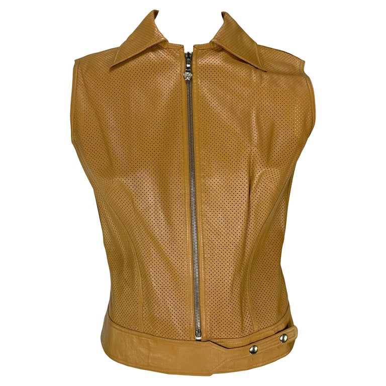 Early 2000s Gianni Versace by Donatella Perforated Leather Medusa Zip ...