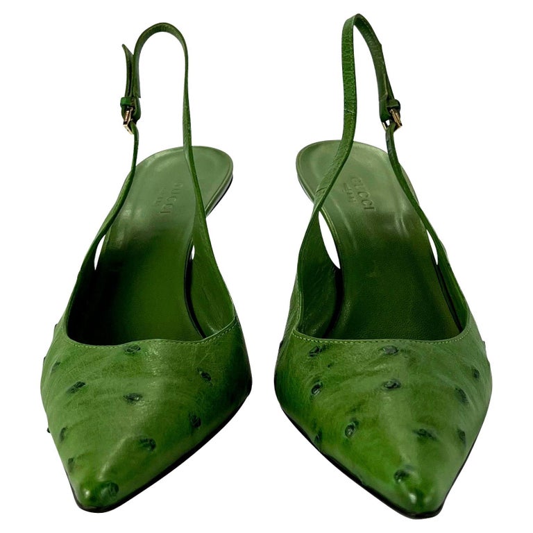 Early 2000s Gucci by Tom Ford Green Ostrich Pointed Sling Pumps Size 7. ...