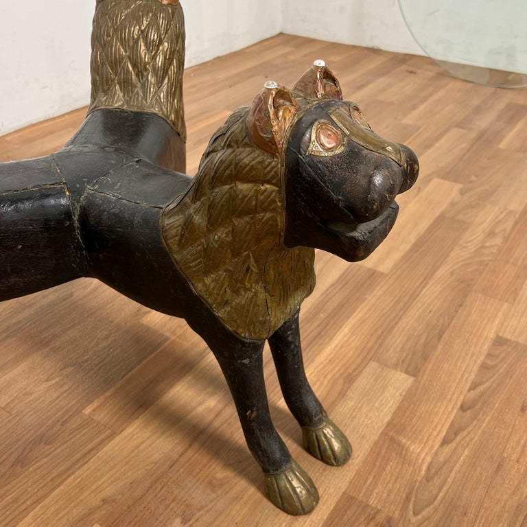 Early 20th C Anglo Indian Coffee Table, Carved Wood Lions with Brass ...