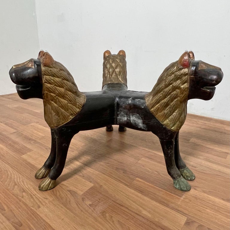 Early 20th C Anglo Indian Coffee Table, Carved Wood Lions with Brass ...