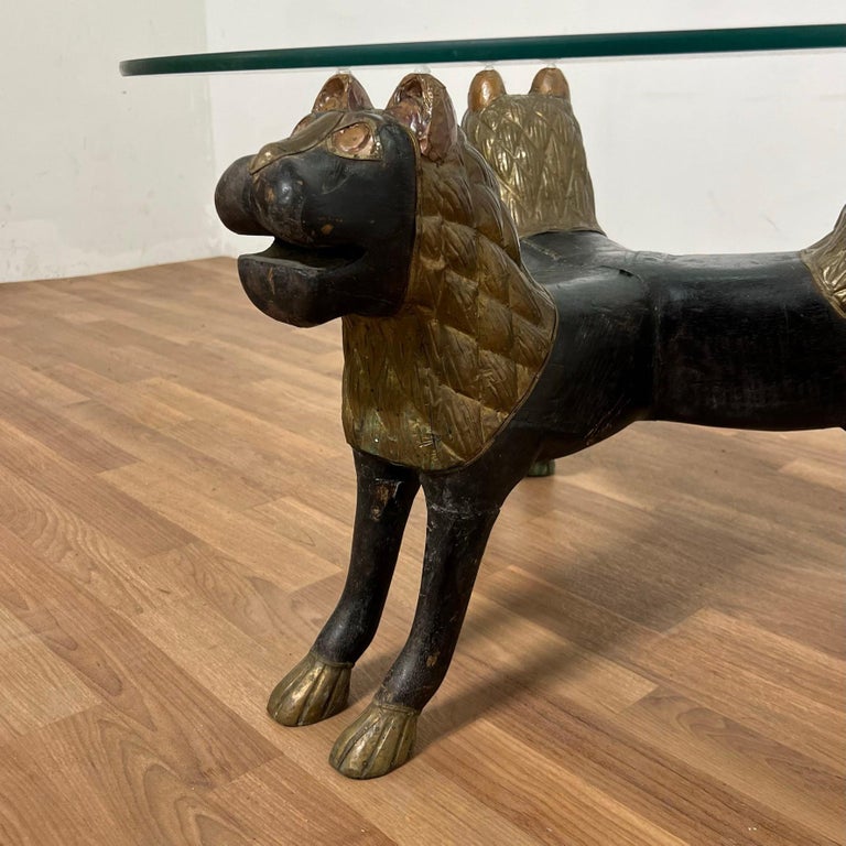 Early 20th C Anglo Indian Coffee Table, Carved Wood Lions with Brass ...