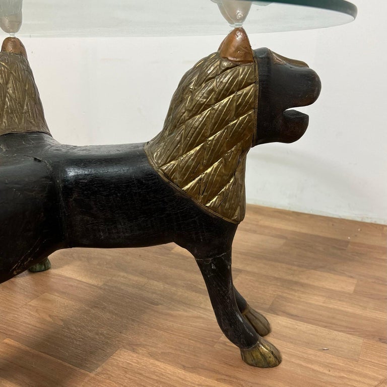 Early 20th C Anglo Indian Coffee Table, Carved Wood Lions with Brass ...