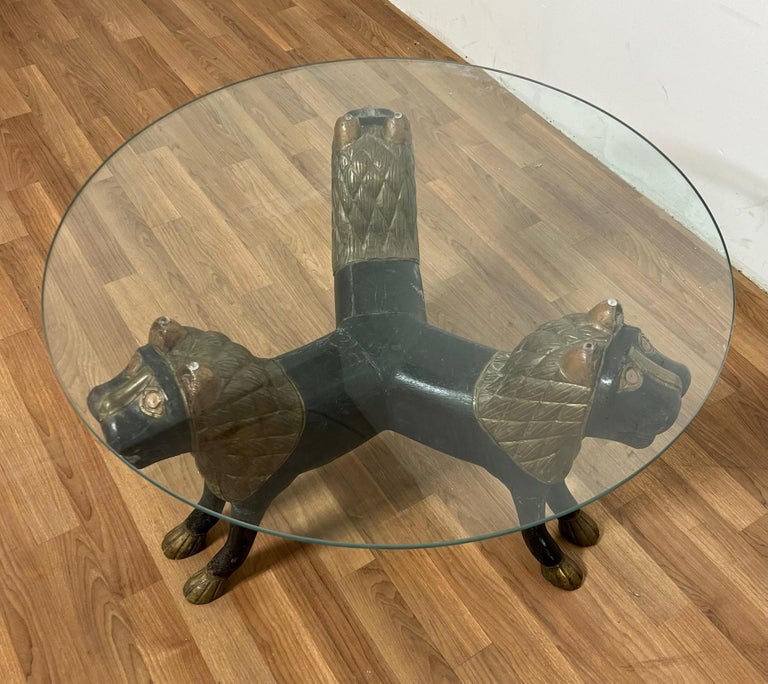 Early 20th C Anglo Indian Coffee Table, Carved Wood Lions with Brass ...