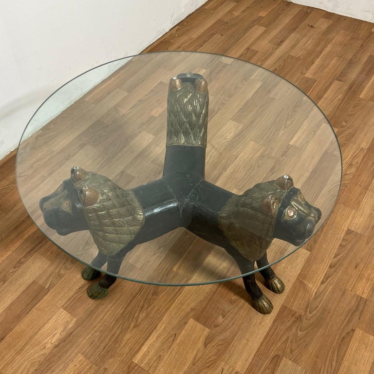 Early 20th C Anglo Indian Coffee Table, Carved Wood Lions with Brass ...