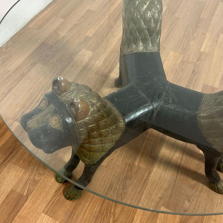 Early 20th C Anglo Indian Coffee Table, Carved Wood Lions with Brass ...