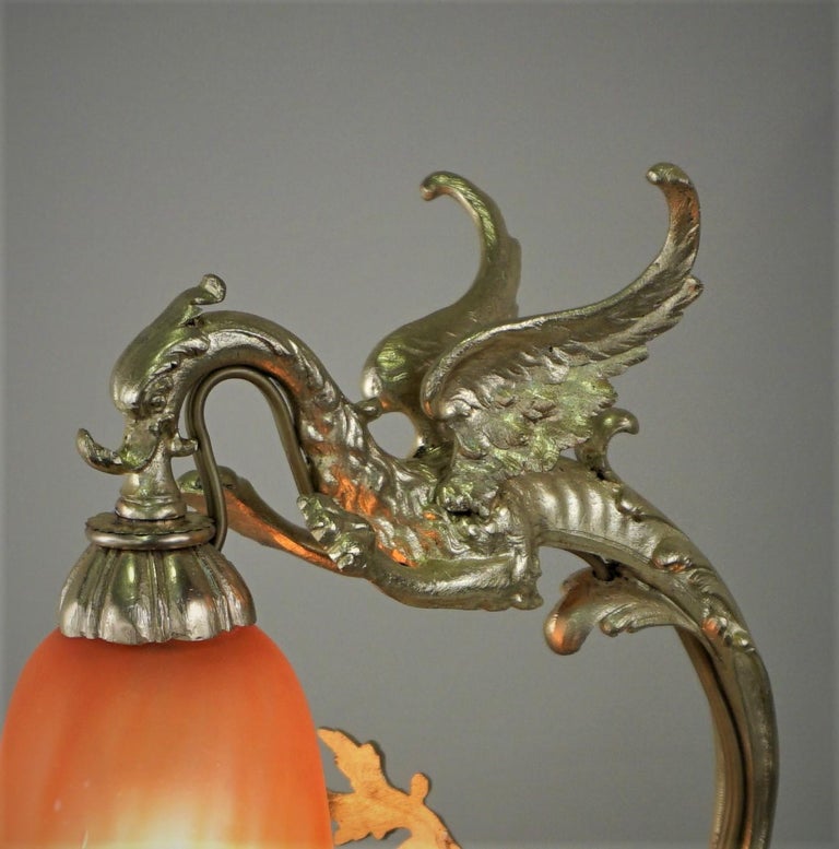 Early 20th Century Bronze And Art Glass Shade Table Lamp For Sale At