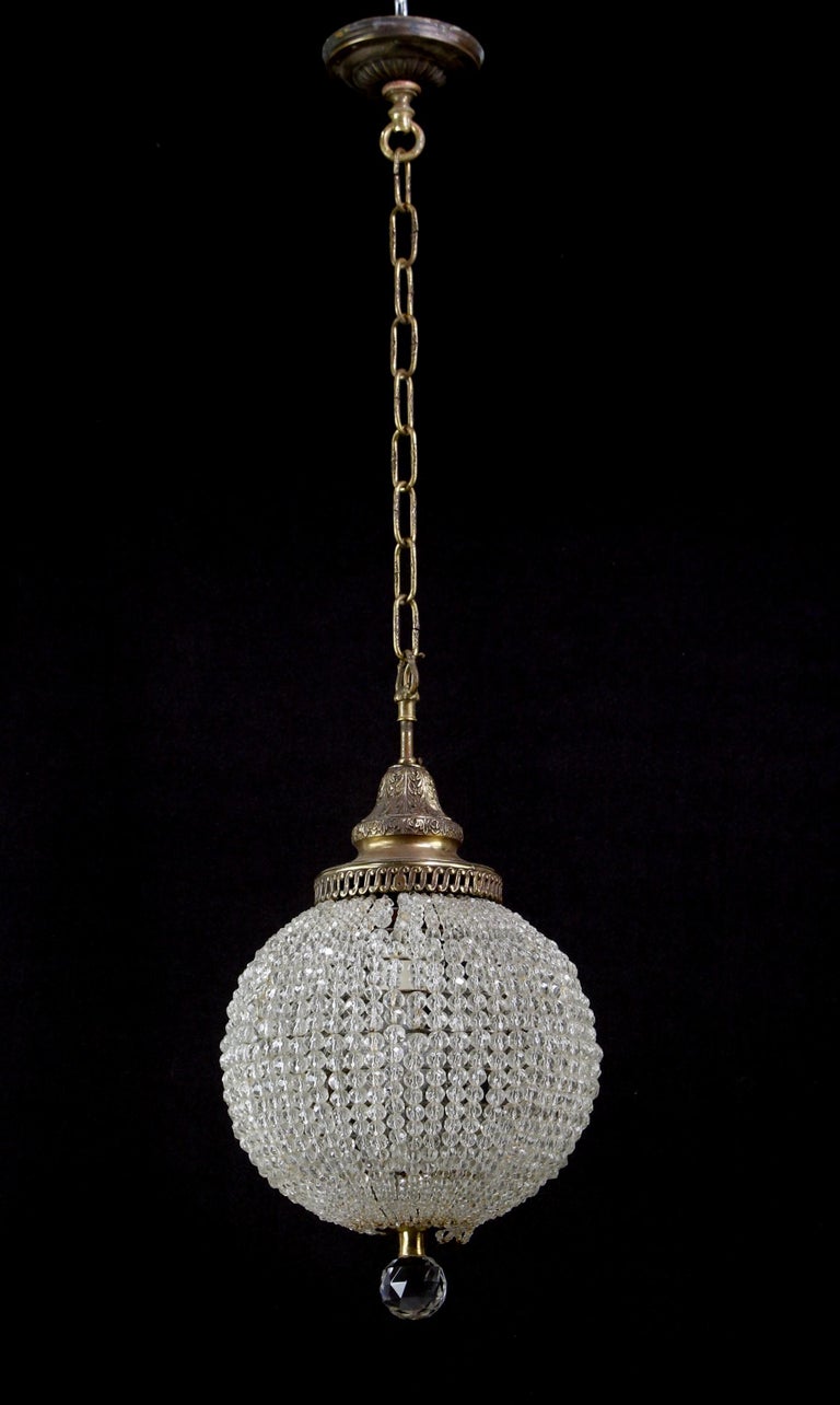 Early 20th Century Crystal Bead Ball Pendant Light Brass Hardware For ...