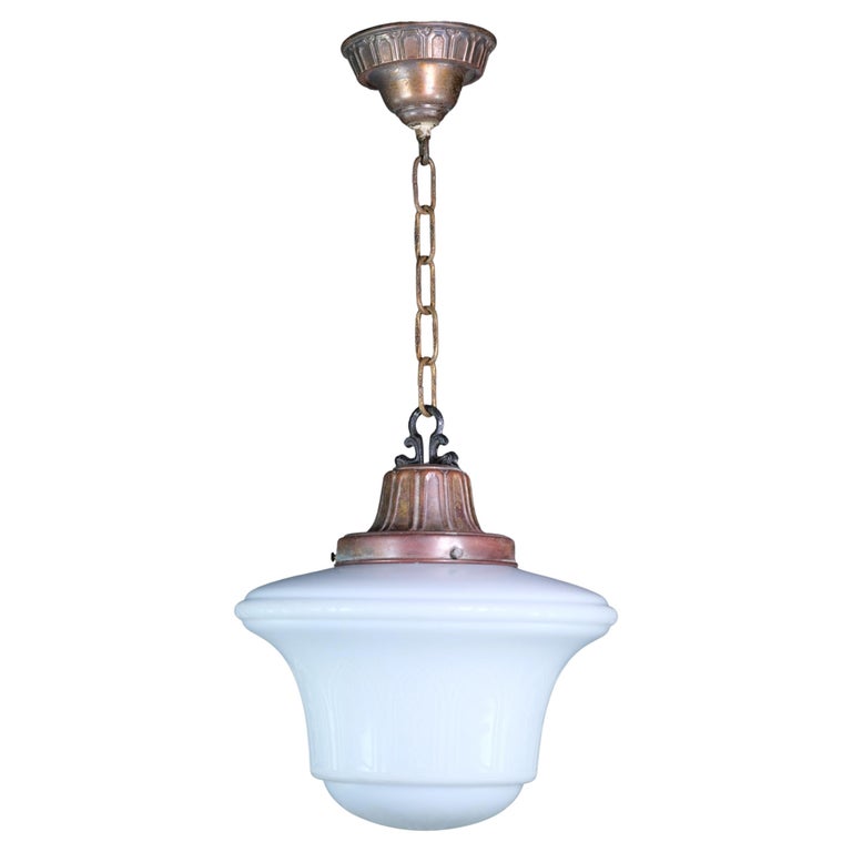 Early 20th C Etched Gothic Motif White Glass Pendant Light For Sale at ...