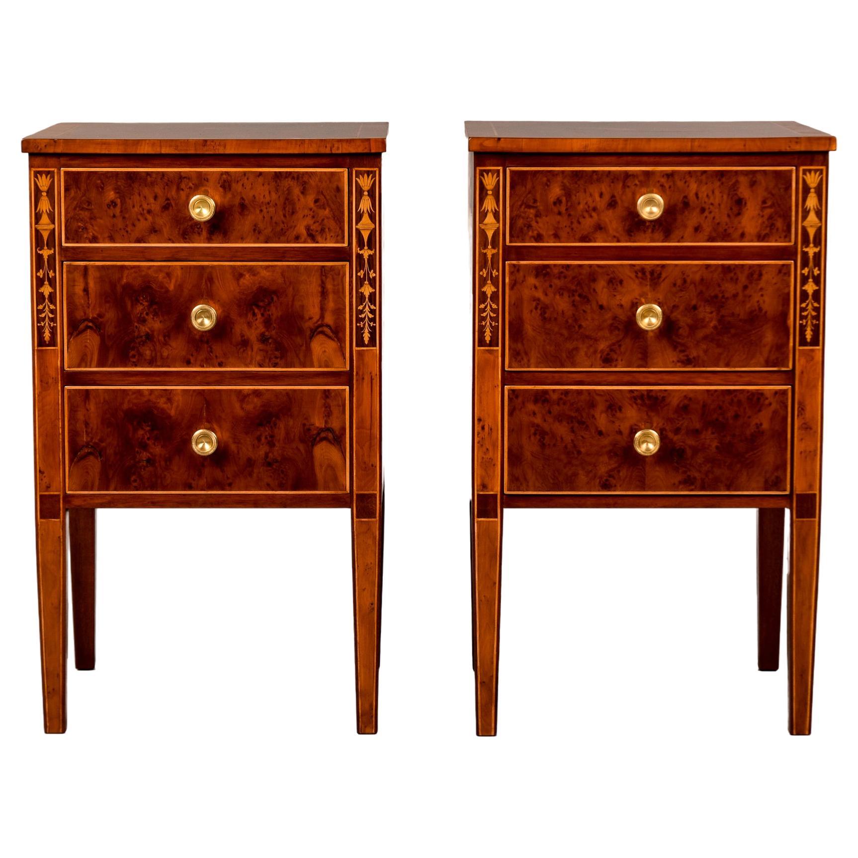 Early 20th C Pair Three Drawer Side Tables with Decorative Inlay For ...