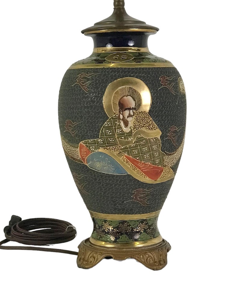 Early 20th C. Satsuma Pottery Table Lamp Gilt and Polychrome Immortals ...