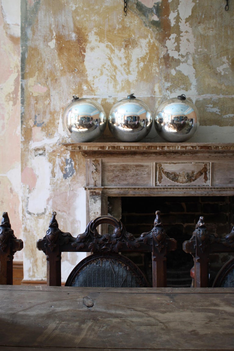 Early 20th C Trio of Large Glass Witches Sorcerers Foxed Mirror Convex ...