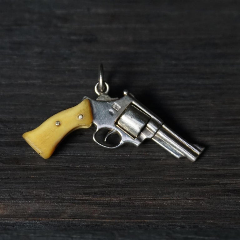 Early 20th C. White Gold Revolver Pendant Fob or Large Charm with Bone ...