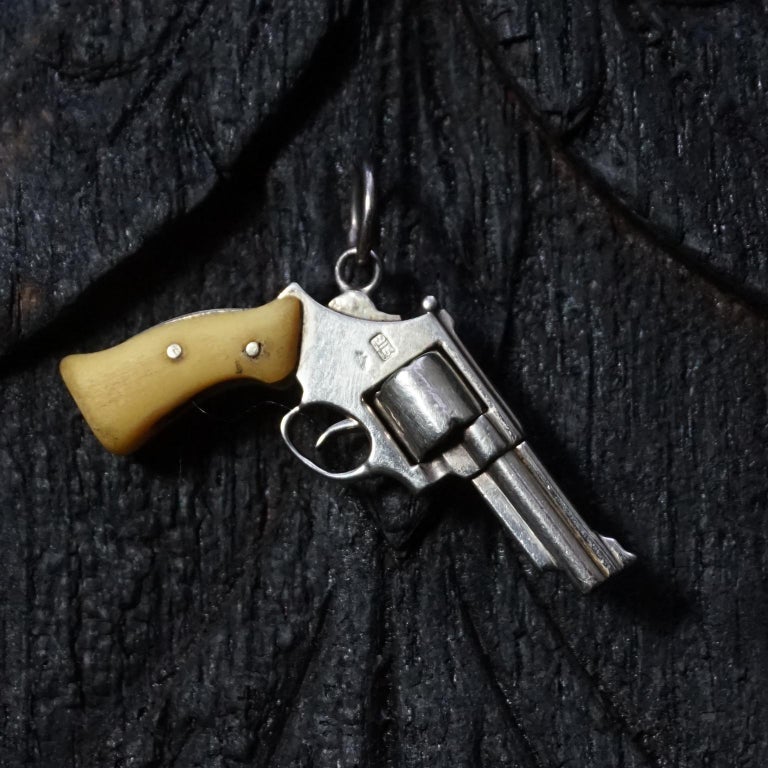 Early 20th C. White Gold Revolver Pendant Fob or Large Charm with Bone ...