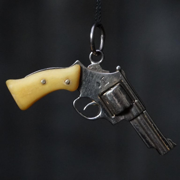 Early 20th C. White Gold Revolver Pendant Fob or Large Charm with Bone ...