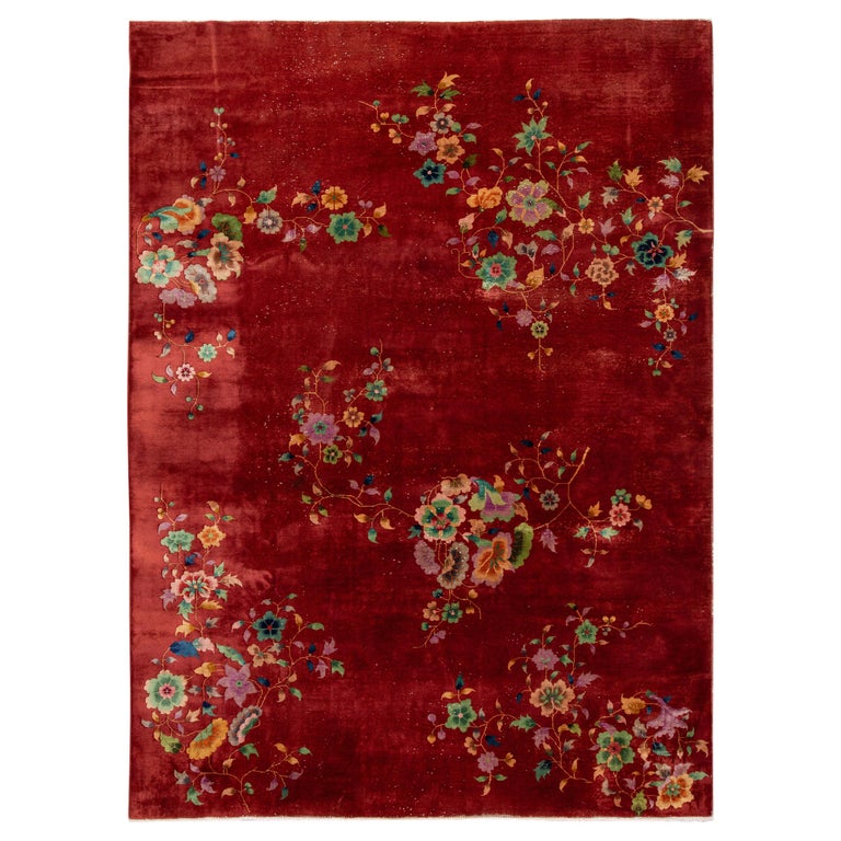 Antique Red Art Deco Chinese Wool Rug 9 Ft 10 In X 13 Ft 4 In. at 1stDibs