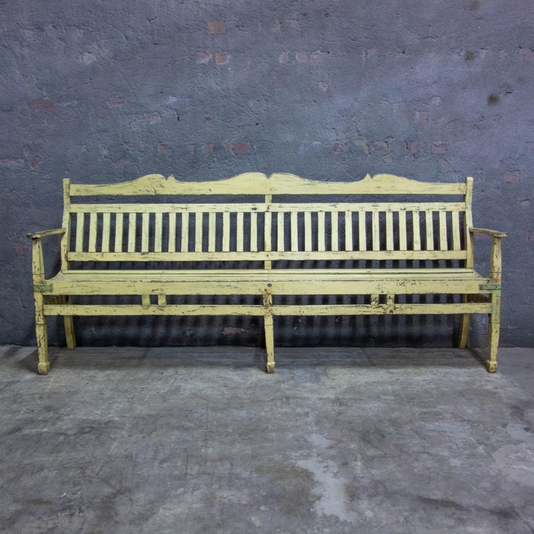Early 20th Century Antique Brocante Wooden Painted Yellow Garden Bench ...