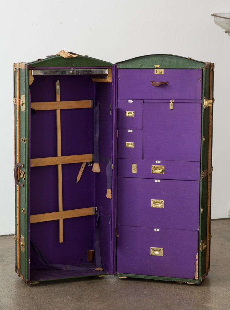 Early 20th Century Antique Green Wardrobe Linen Steamer Trunk at 1stDibs