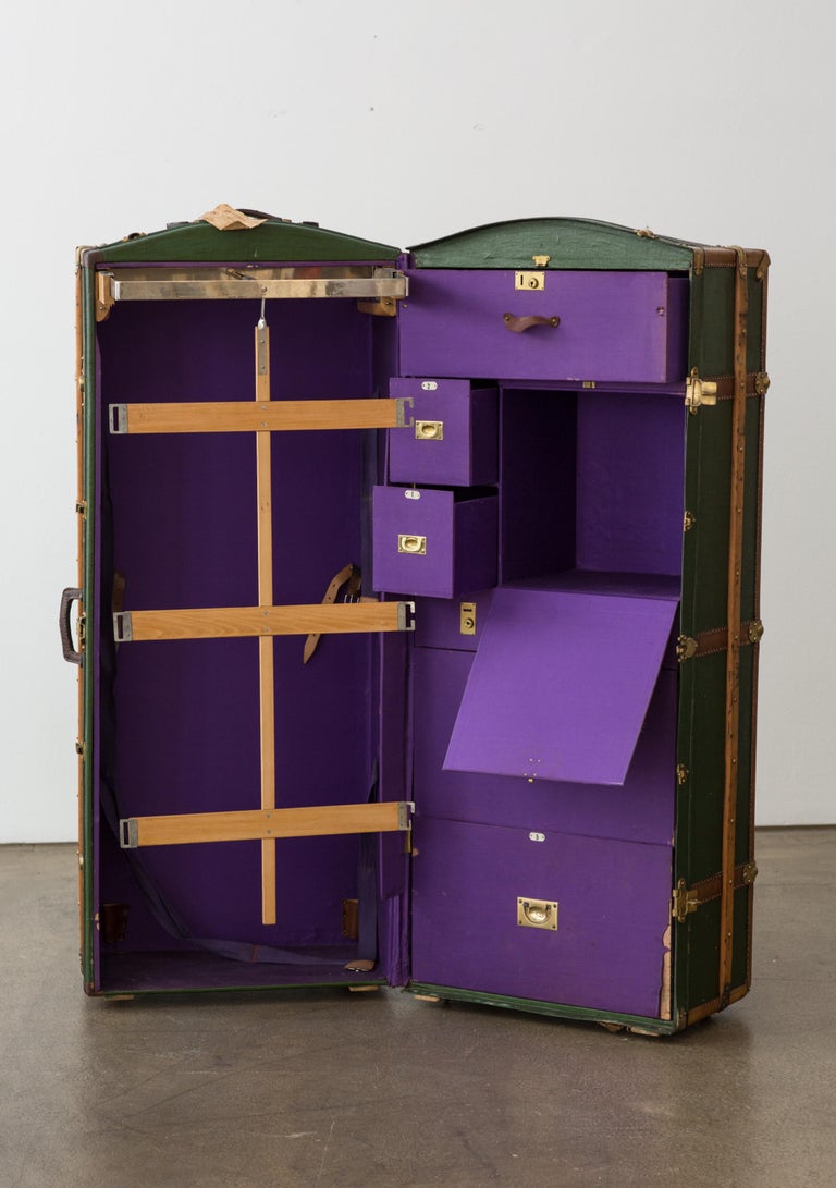 Early 20th Century Antique Green Wardrobe Linen Steamer Trunk at 1stDibs