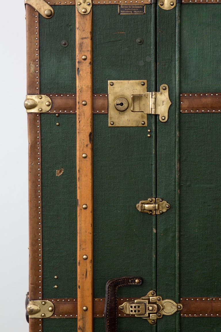 Early 20th Century Antique Green Wardrobe Linen Steamer Trunk at 1stDibs