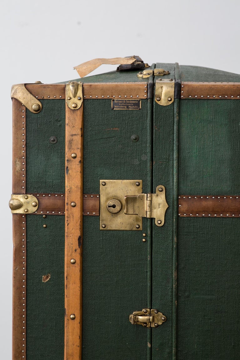 Early 20th Century Antique Green Wardrobe Linen Steamer Trunk at 1stDibs