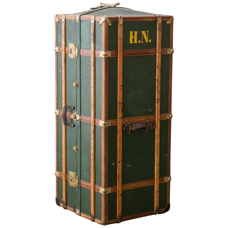Early 20th Century Antique Green Wardrobe Linen Steamer Trunk at 1stDibs