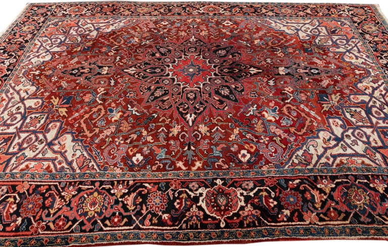 Antique Persian Heriz Medallion Handmade Red Wool Rug For Sale at 1stDibs