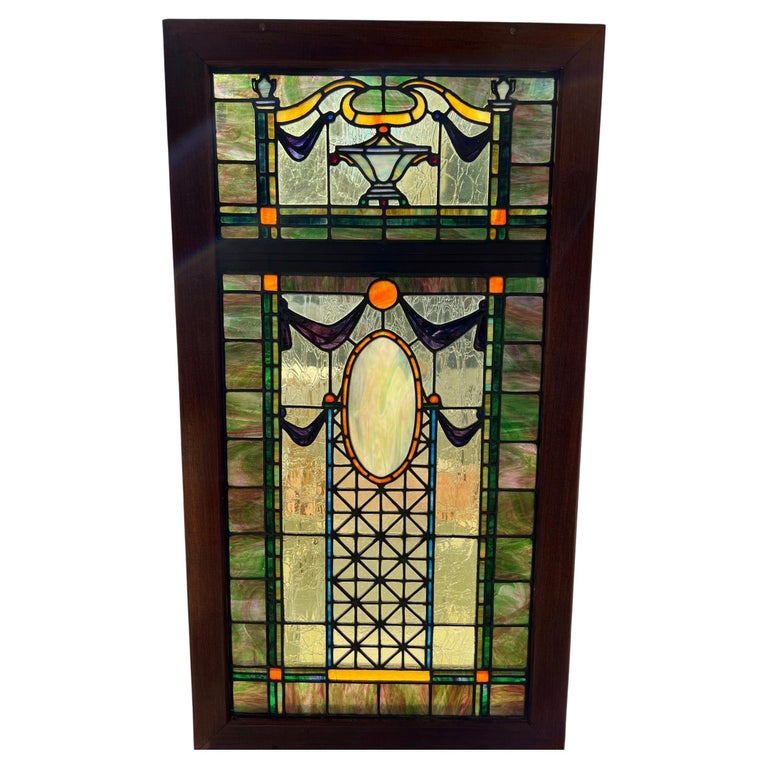 Early 20th Century Antique Stained Glass Window in a Wood Frame at 1stDibs