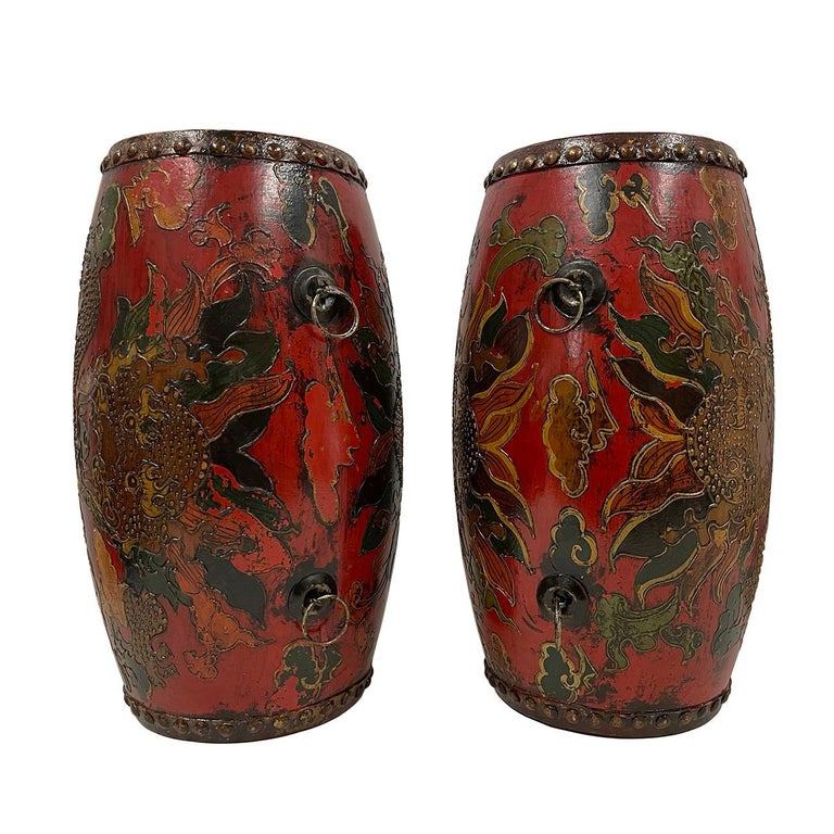Early 20th Century Antique Tibetan Hand Painted Dragon Drums, 3 Pieces ...