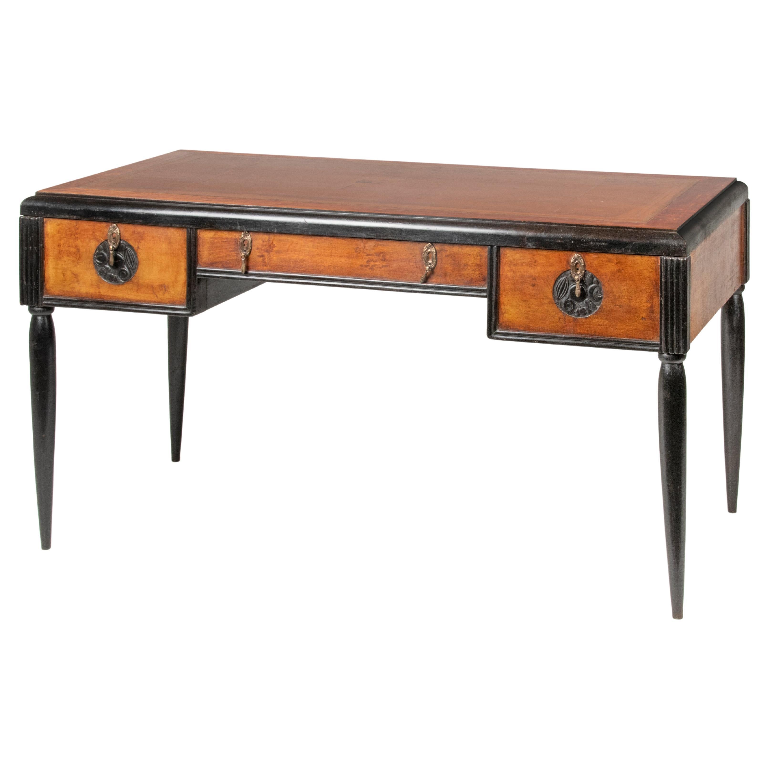 Early 20th Century beech wood desk with two drawers, cross strecher at ...