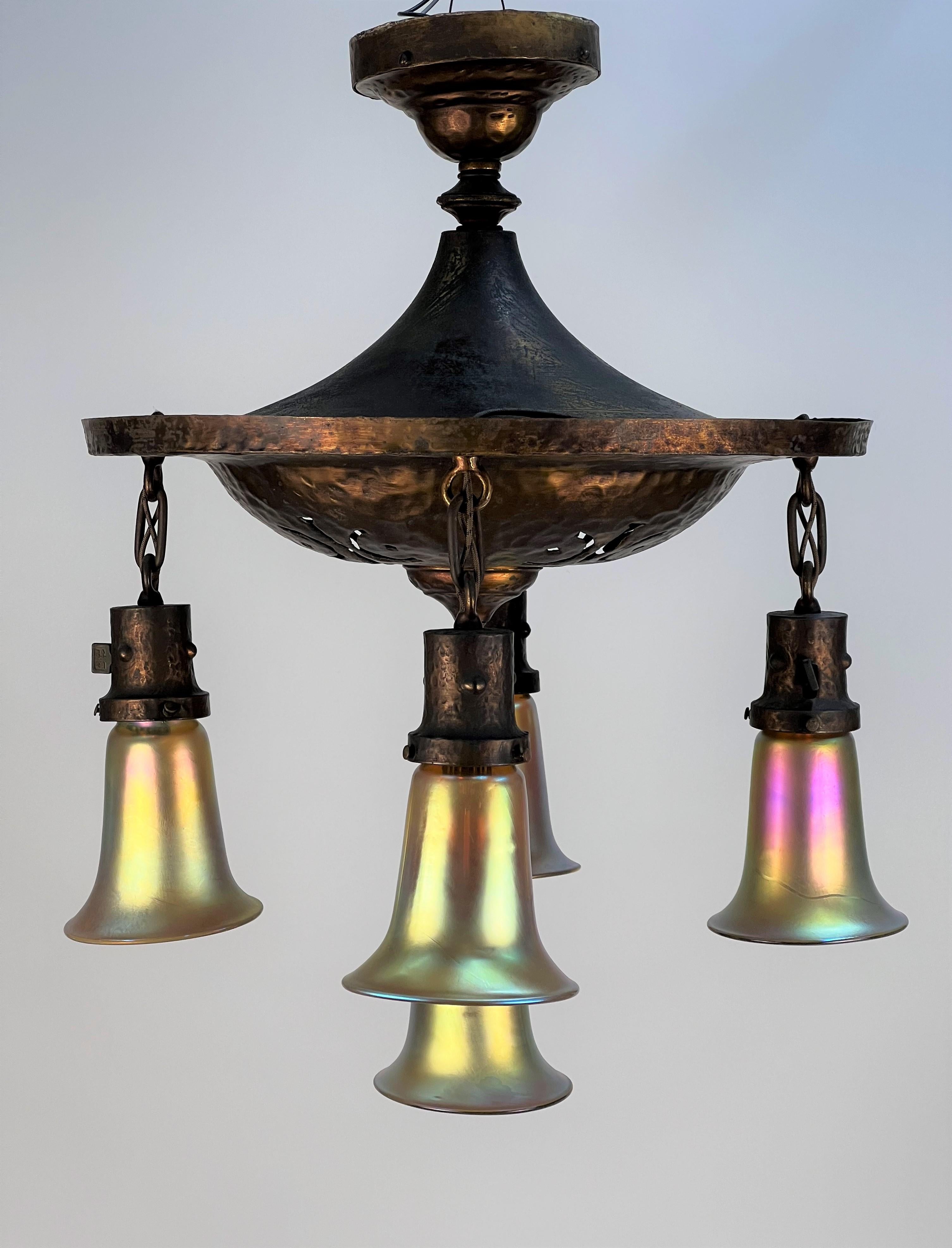 Early 20th Century Arts and Crafts 5 Light Pendant with Art Glass ...
