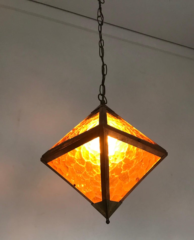 Early 20th Century Arts and Crafts Copper and Glass Cube Shape Pendant ...
