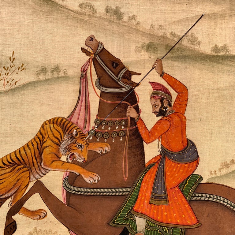 Early 20th Century Asian Tiger Hunt Silk Painting For Sale at 1stDibs