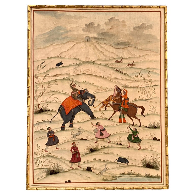 Early 20th Century Asian Tiger Hunt Silk Painting For Sale at 1stDibs