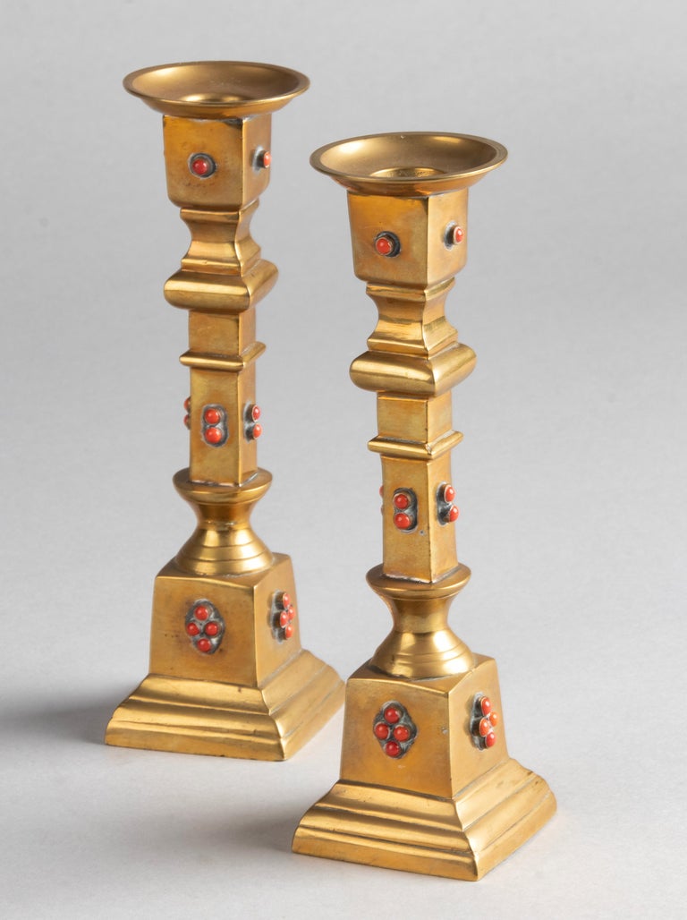Early 20th Century Brass Candlesticks Decorated with Stones For Sale at ...